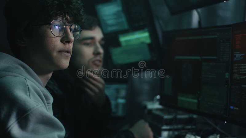 Male Hackers Using Computers and Speaking Stock Image - Image of ...