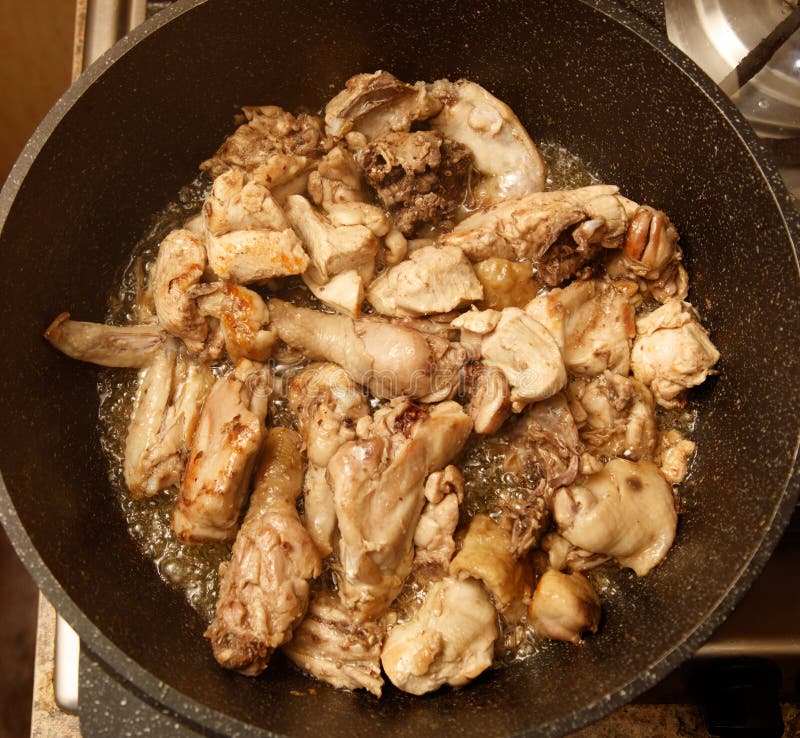 A Pan of Meat is Cooking on a Stove Stock Photo - Image of closeup ...