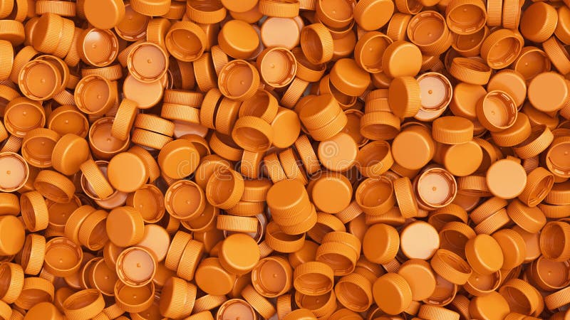 Pan Over a Pile of Orange Plastic Bottle Caps. Plastic Industry Product ...