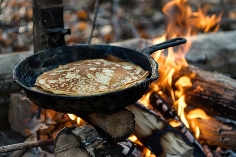 A Pan of Pancakes Being Cooked Over an Open Campfire Stock Photo ...