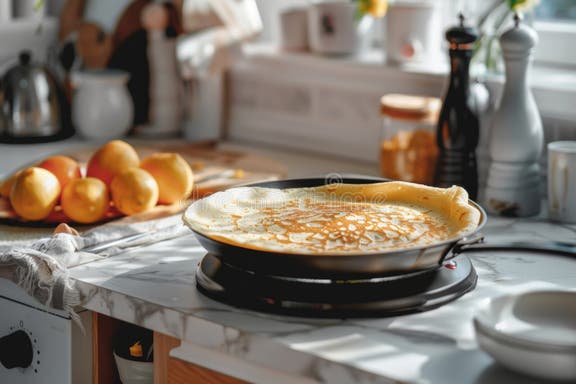 A Pan of Pancakes Being Cooked on a Stovetop Stock Photo - Image of ...