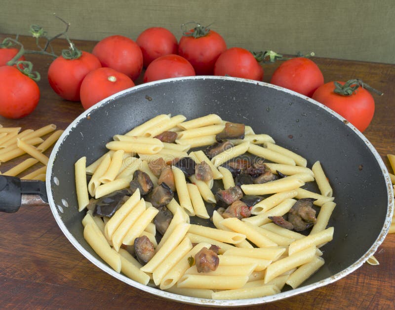 Pan with pasta stock photo. Image of penne, pasta, eggplant - 21891154
