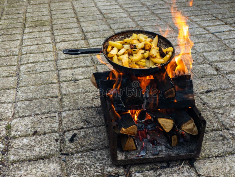 Potatoes Cooking in Skillet on Stove for Batata Harra Dish Stock Photo ...