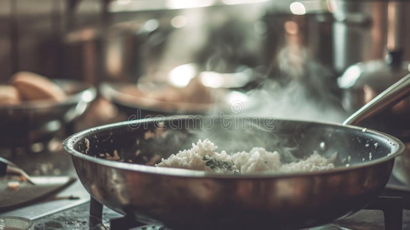 A Pan of Rice is Cooking on a Stove Top, AI Stock Illustration ...