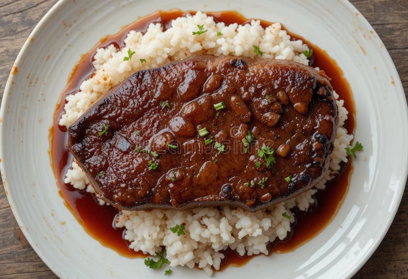 Pan-roasted Ribeye in Teriyaki Sauce, Rice. Stock Photo - Image of ...
