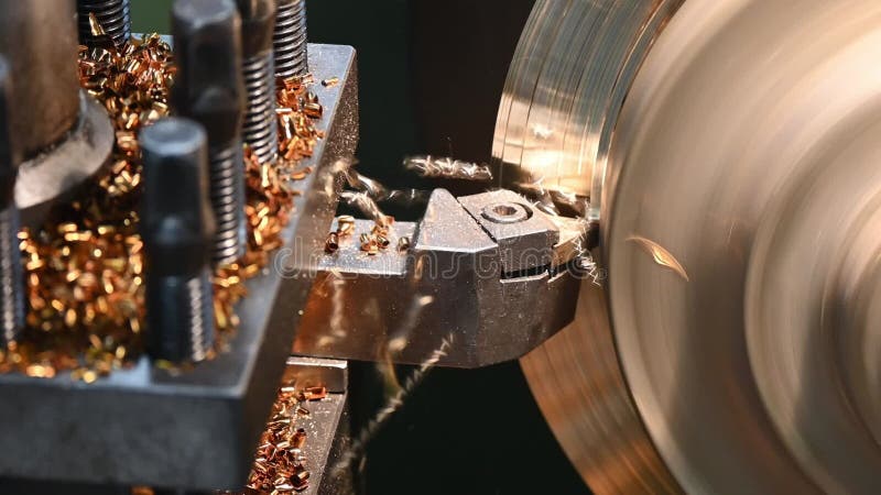 Pan Scene the Lathe Machine Finish Cut the Brass Material Parts by Chip ...