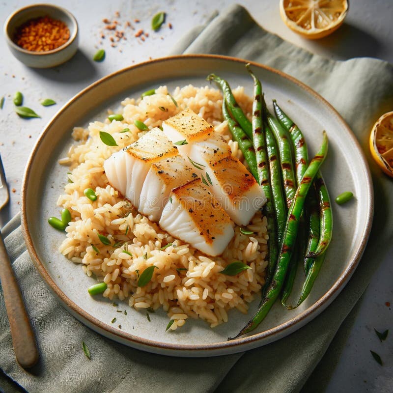 Pan-seared Cod Fillet Over a Bed of Brown Rice with Green Beans on the ...