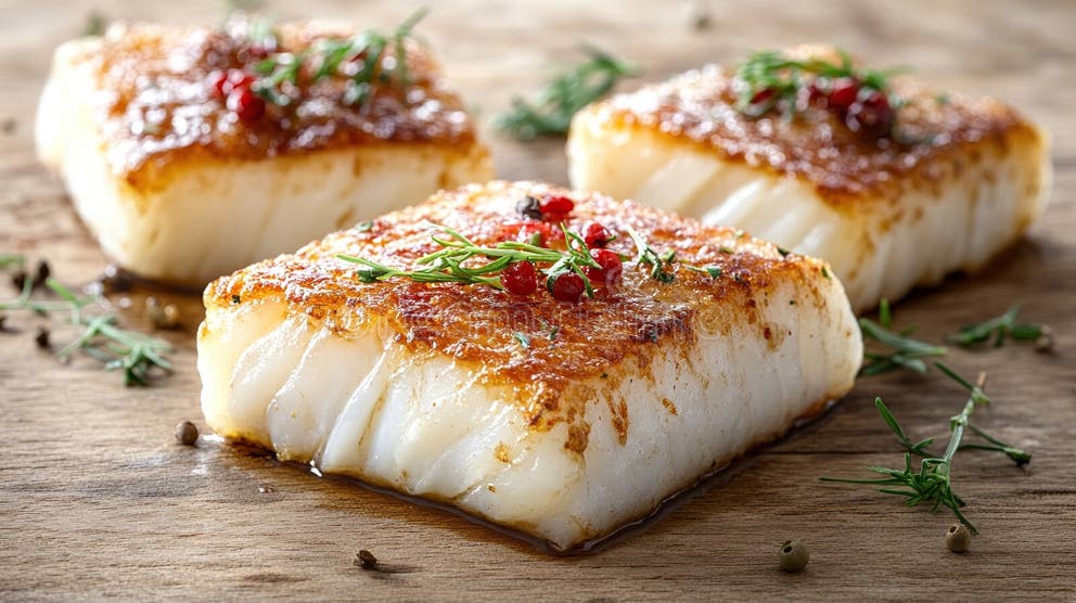 Pan-seared Cod Fillets, Herbs, Wood Background, Restaurant Menu Stock ...