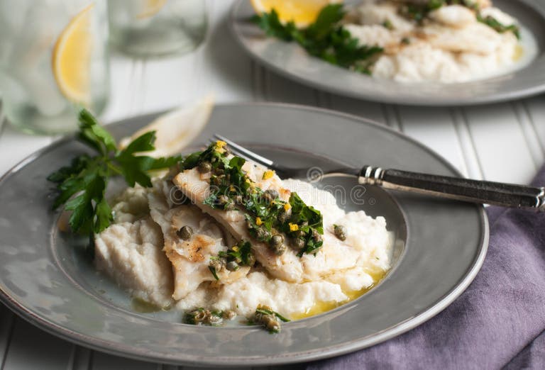Pan Seared Cod stock photo. Image of cauliflower, leaf - 49113792