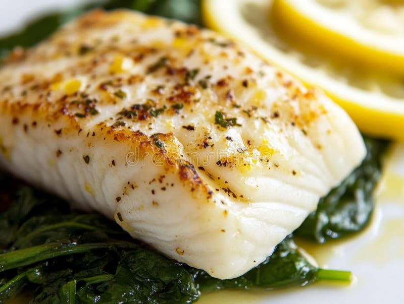 Pan-Seared Fish Fillet with Lemon and Spinach Stock Illustration ...