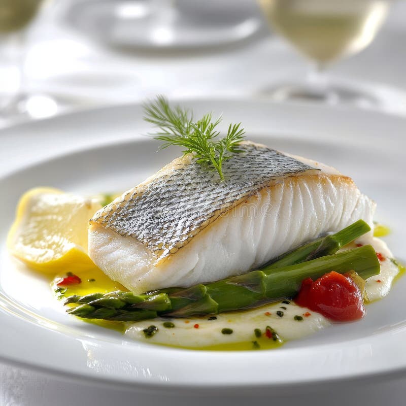 A Pan-seared Fish Fillet is Served on a White Plate with Asparagus ...