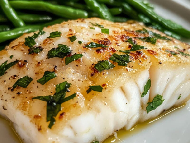 Pan-Seared Fish with Green Beans and Herbs Stock Illustration ...