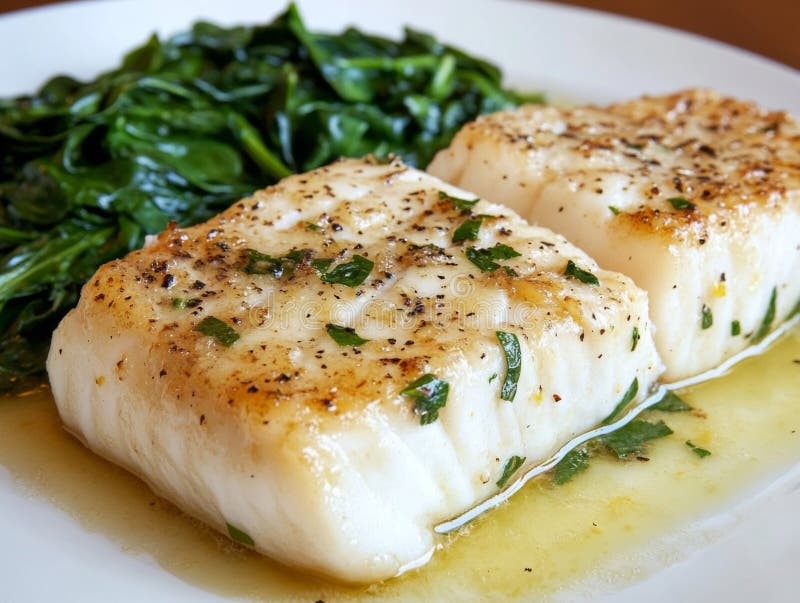 Pan-Seared Fish with Lemon Butter Sauce and Saut?ed Spinach Stock ...
