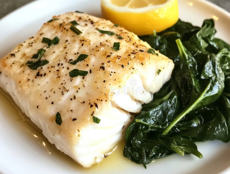 Pan-Seared Fish with Lemon and Spinach Stock Illustration ...