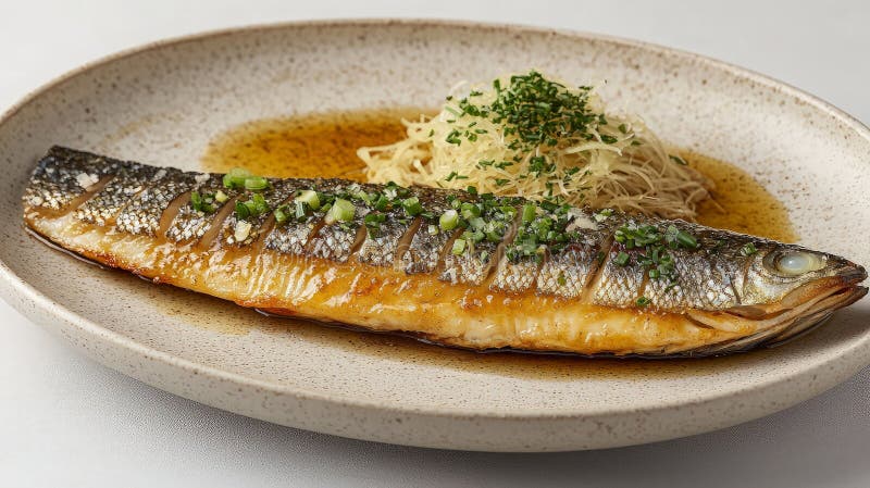 Pan-Seared Fish with Noodles, Elegant Plate Stock Photo - Image of ...