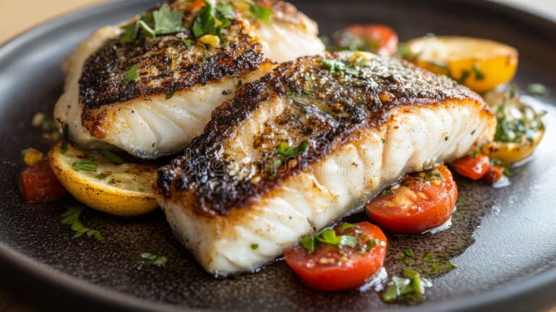 Pan-Seared Fish with Roasted Tomatoes and Lemon Stock Illustration ...