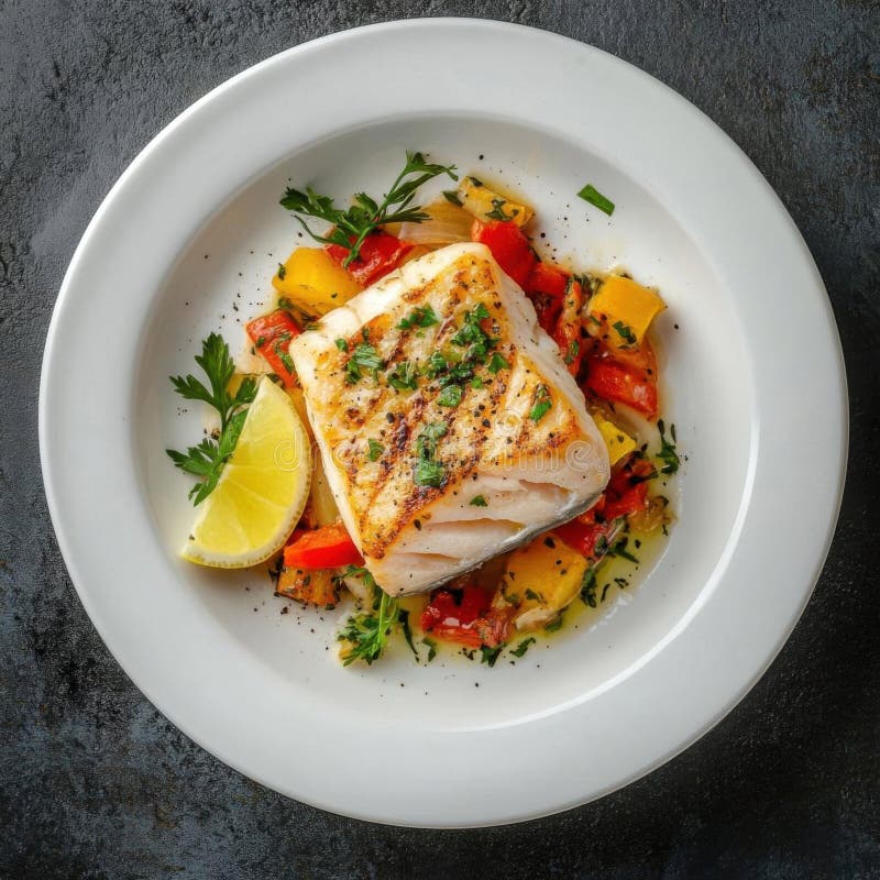 Pan-Seared Fish with Roasted Vegetables Stock Illustration ...