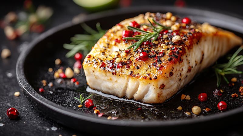 Pan-seared Fish, Spices, Dark Plate, Kitchen, Recipe Stock Image ...