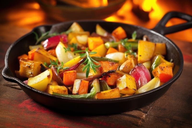 Pan-seared Root Vegetables in an Iron Skillet on a Flame Stock Photo ...