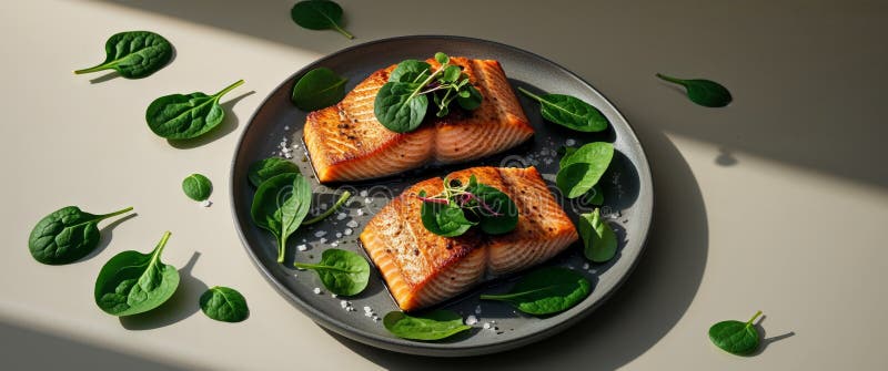 Pan Seared Salmon Filets with Spinach Garnish Stock Image - Image of ...
