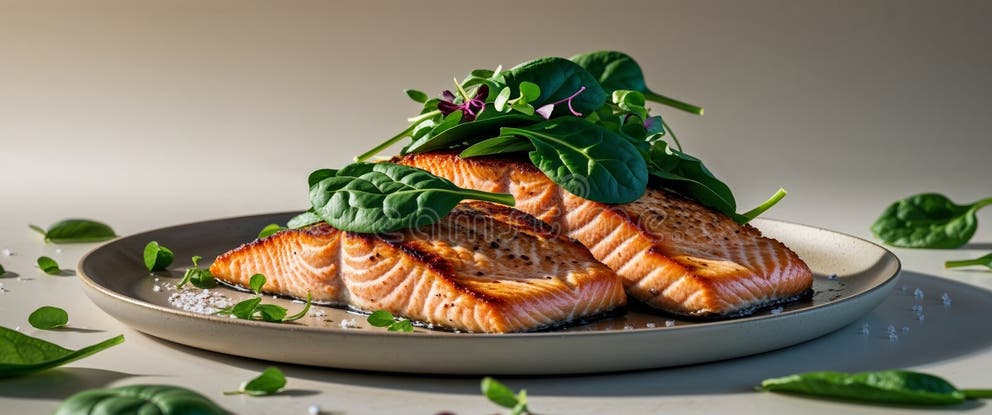 Pan Seared Salmon Filets with Spinach Garnish. Stock Photo - Image of ...