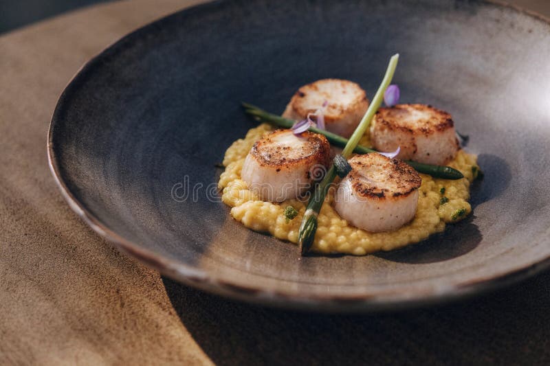 Pan-seared Scallops with Saffron Risotto, Asparagus, and Delicate ...