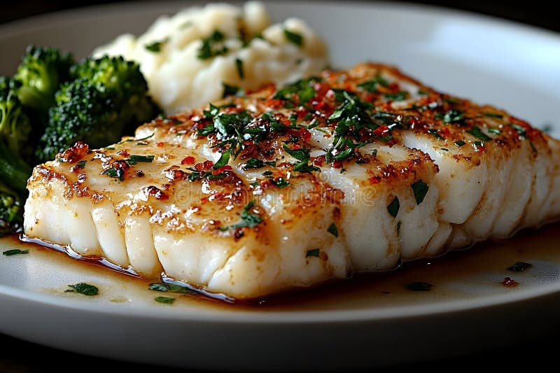 Pan-Seared Cod with Mashed Potatoes Stock Illustration - Illustration ...