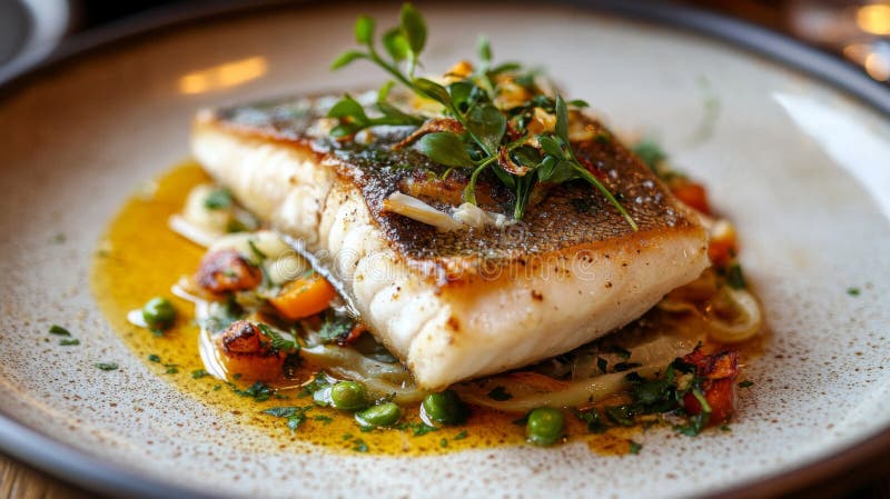 Pan-Seared White Fish with Vegetables and Sauce Stock Illustration ...