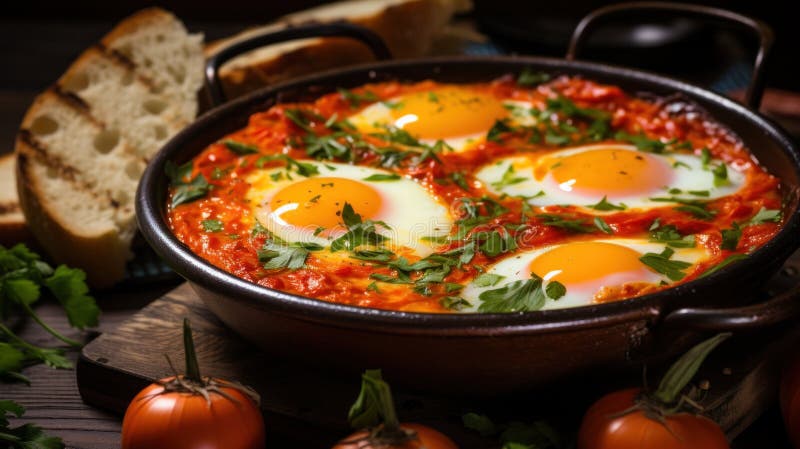 A Pan of a Shakshuka, Middle Eastern Dish with Eggs and Tomatoes on Top ...