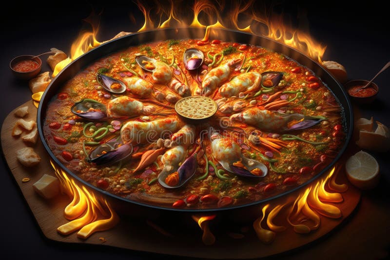 Pan of Spanish Paella Close-up. Stock Illustration - Illustration of ...
