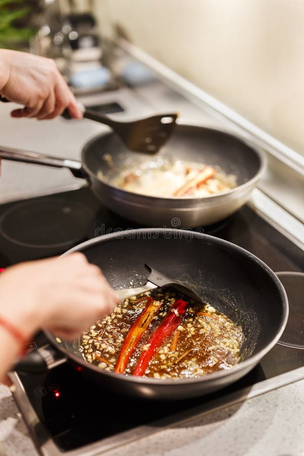 Pan on the stove stock image. Image of ingredient, home - 68324925