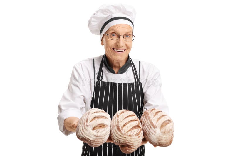 Panadero Mayor Que Sostiene Una Bandeja Con Panes Recientemente Cocidos ...
