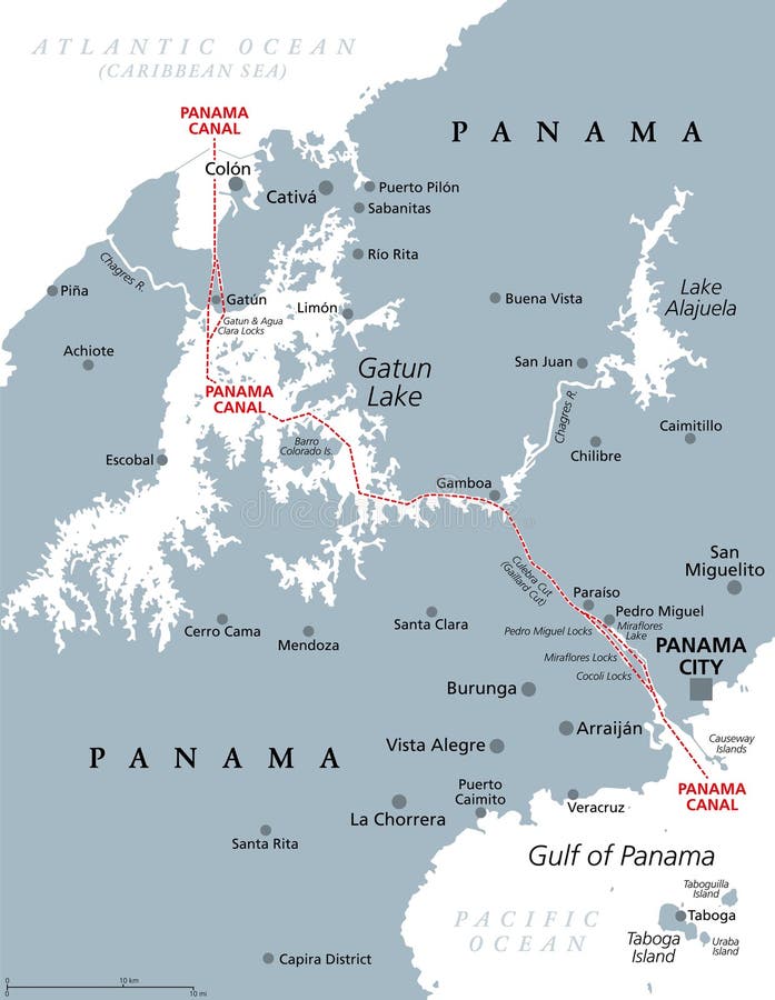 Panama Canal, Artificial Waterway in Panama, Gray Political Map Stock ...