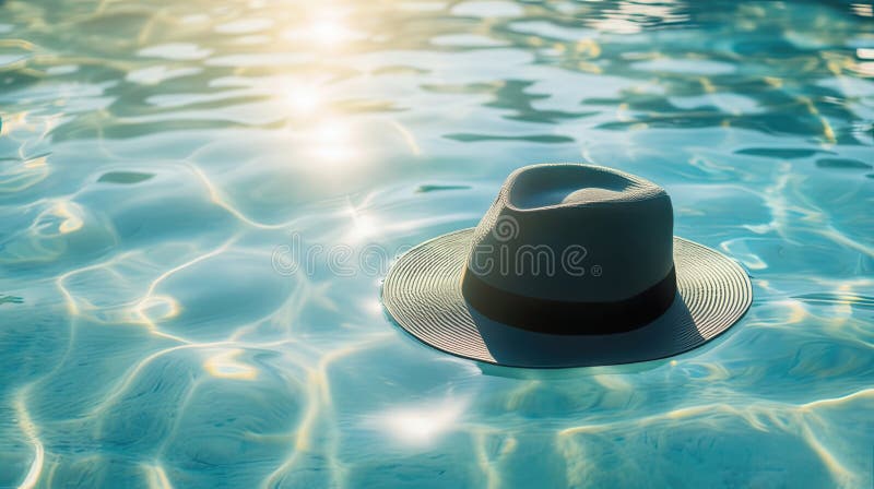 Panama Hat Floating on Clear Water in Swimming Pool at Sunset Stock ...