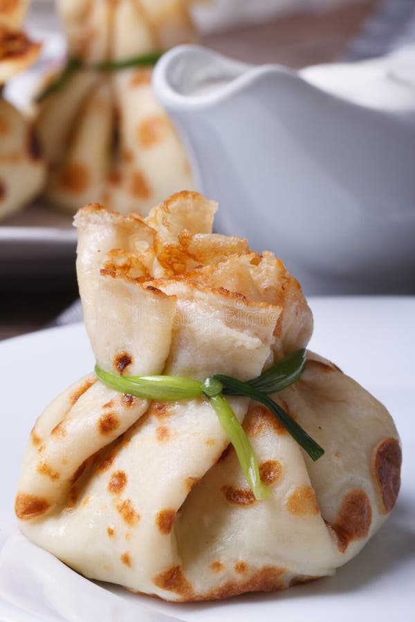 Pancake Bag with Green Onion Closeup Vertical Stock Photo - Image of ...