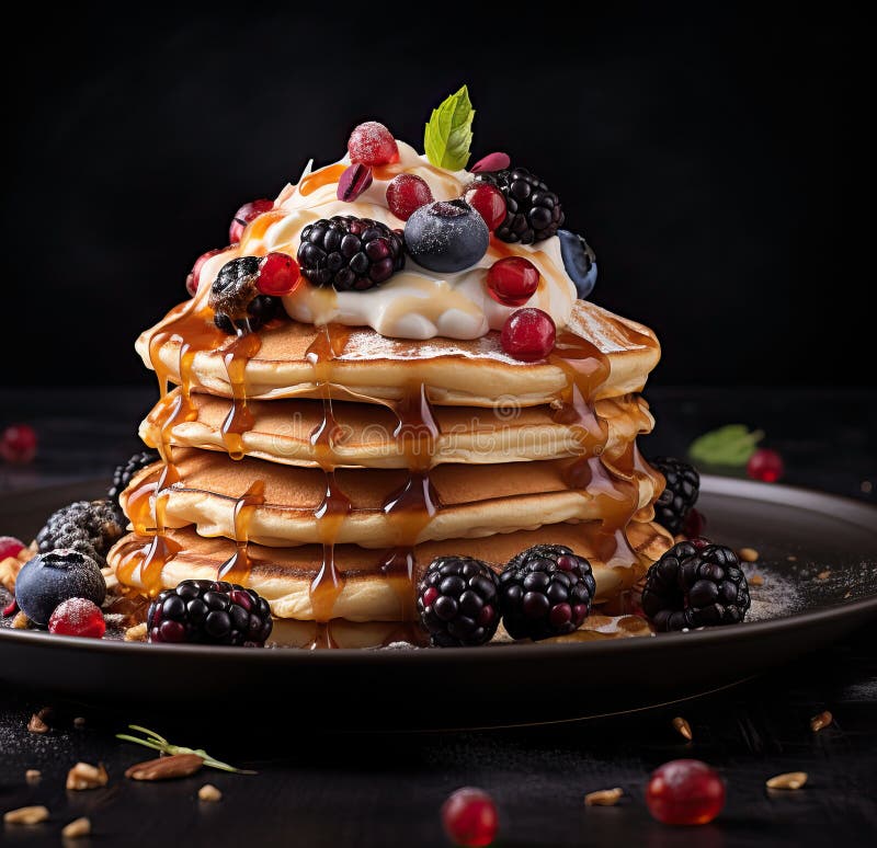Pancake Breakfast with Berries and Honey , Close Up . AI Generated ...