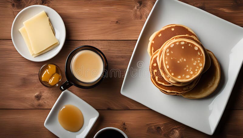 Pancake Breakfast with Honey, Butter, and Coffee Stock Illustration ...
