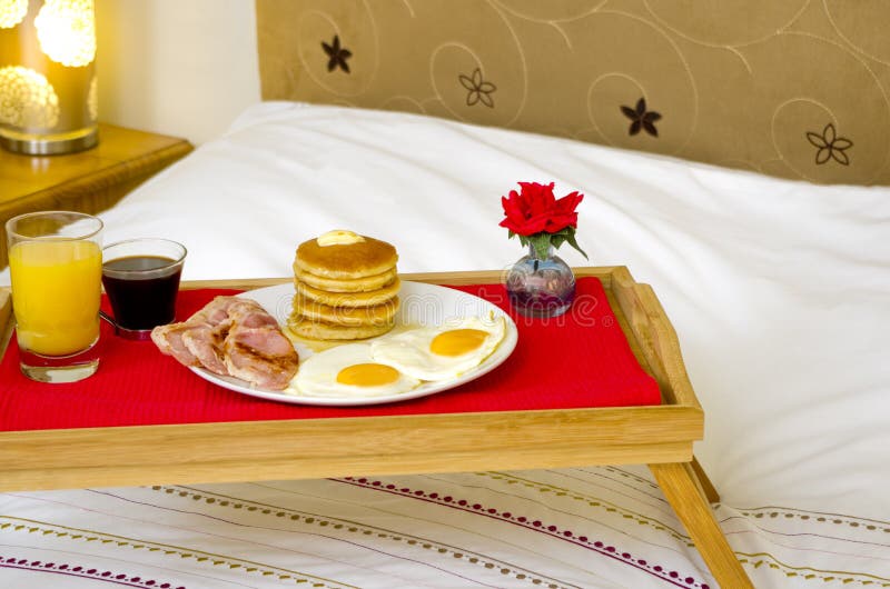 Pancake Breakfast Served in Bed Stock Image - Image of light, black ...