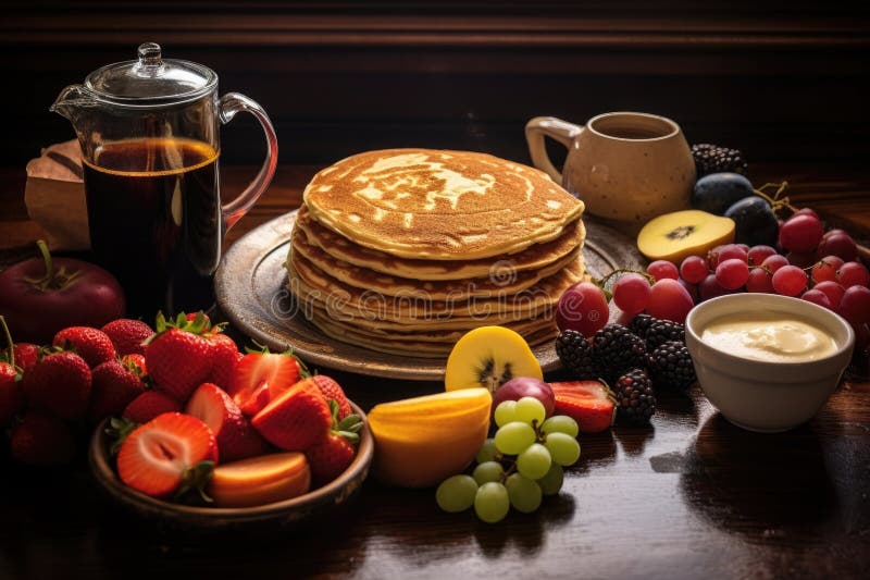 Pancake Breakfast Setup with Coffee and Fruit Stock Illustration ...