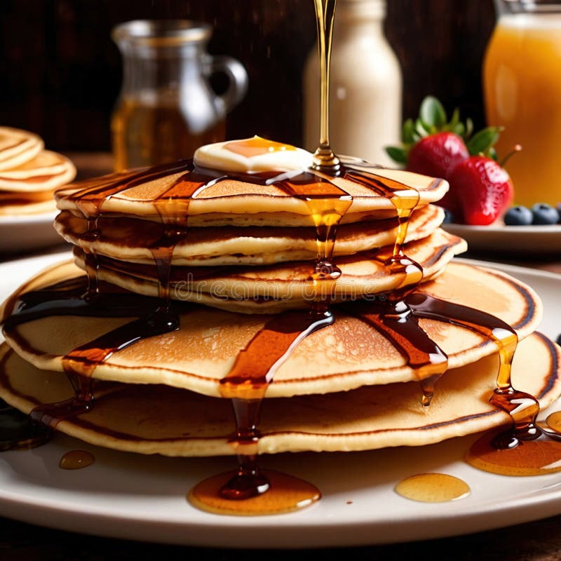 Pancake, Flat Dessert Cake Bread for Breakfast, Stacked with Syrup ...
