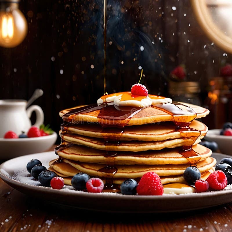 Pancake, Flat Dessert Cake Bread for Breakfast, Stacked with Syrup ...