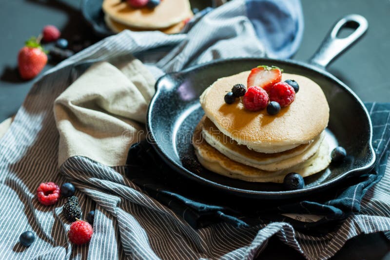Pancake with Fresh Fruit and Berry Stack on Pan Stock Image - Image of ...