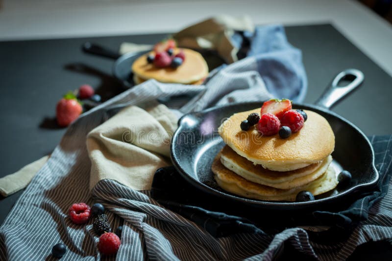 Pancake with Fresh Fruit and Berry Stack on Pan Fot Breakfast Stock ...