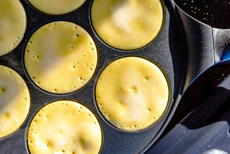 Pancake Frying Pan with Smile Face Pancake Cooking on Cooker in Kitchen ...