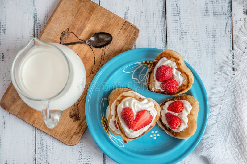 Pancake in the Shape of a Heart with Strawberries Stock Image - Image ...