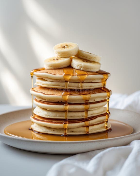 Pancake Stack with Banana Slices and Syrup Drizzle - Breakfast Delight ...
