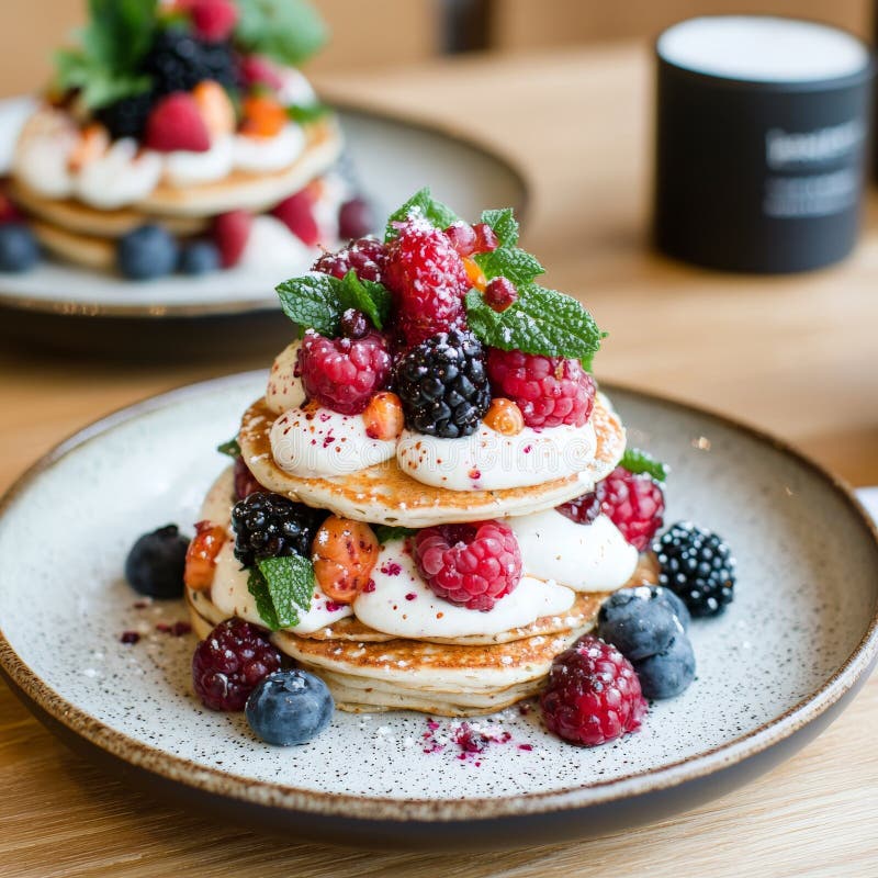 Pancake Stack with Berries Cream and Syrup in Layered Composition ...
