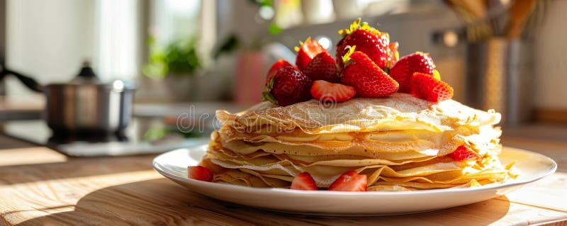 Pancake Stack with Fresh Strawberries in a Bright Kitchen, Homemade ...