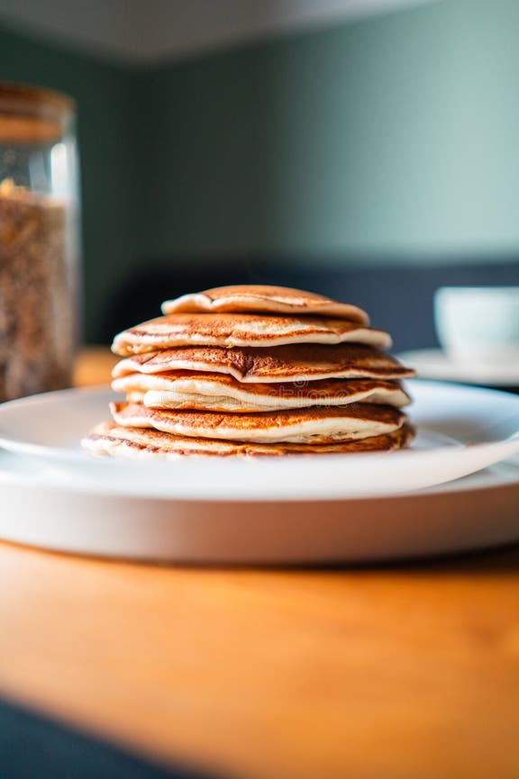 Pancake Stack on a Plate for Breakfast Close Up Horizontal Stock Photo ...