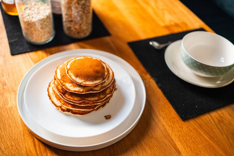 Pancake Stack on a Plate for Breakfast Horizontal Stock Image - Image ...